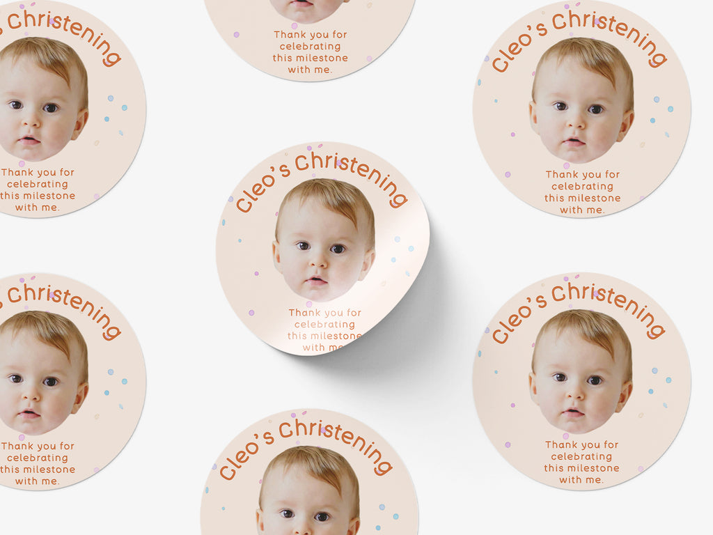 Personalised Round Baptism Photo Sticker Labels, Christening sticker,