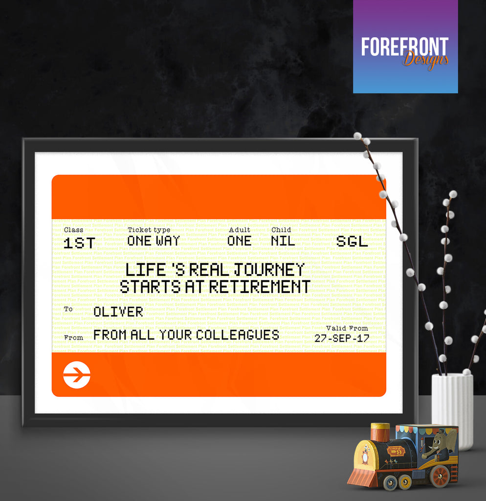 Personalised train ticket retirement print